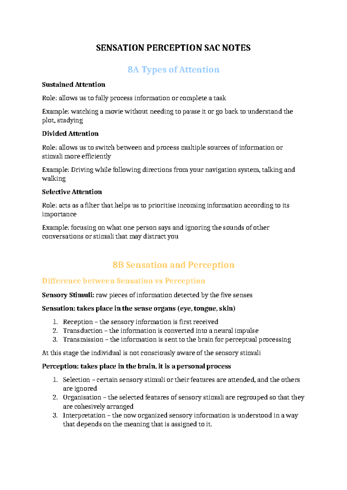 Sensation Perception SAC notes - SENSATION PERCEPTION SAC NOTES 8A ...