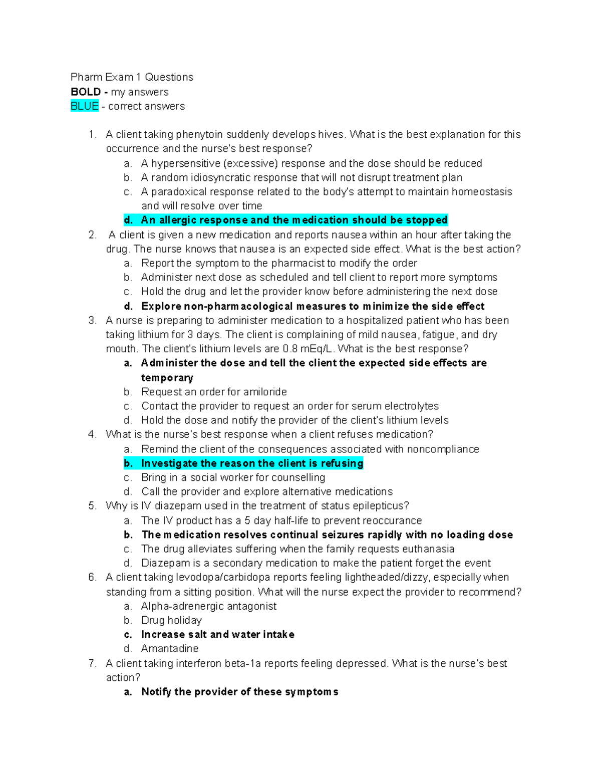 Exam 1 Questions - dont go to rasmussen - Pharm Exam 1 Questions BOLD ...