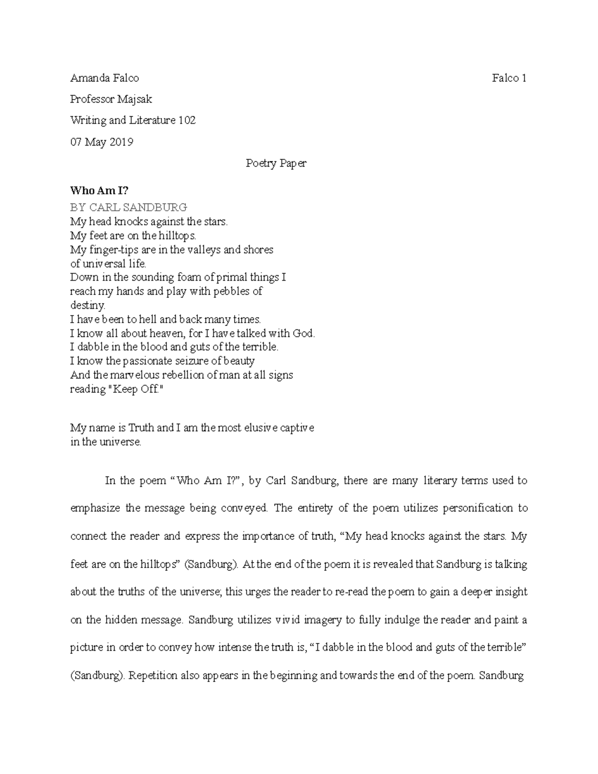 Poetry Paper - Grade: A - Amanda Falco Falco 1 Professor Majsak Writing ...