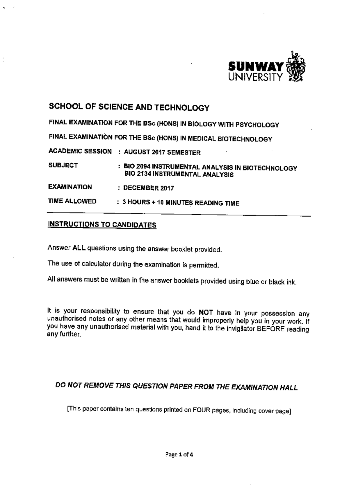 Exam December 2017, questions - SUNWAY .5. . UNIVERSITY SCHOOL OF ...