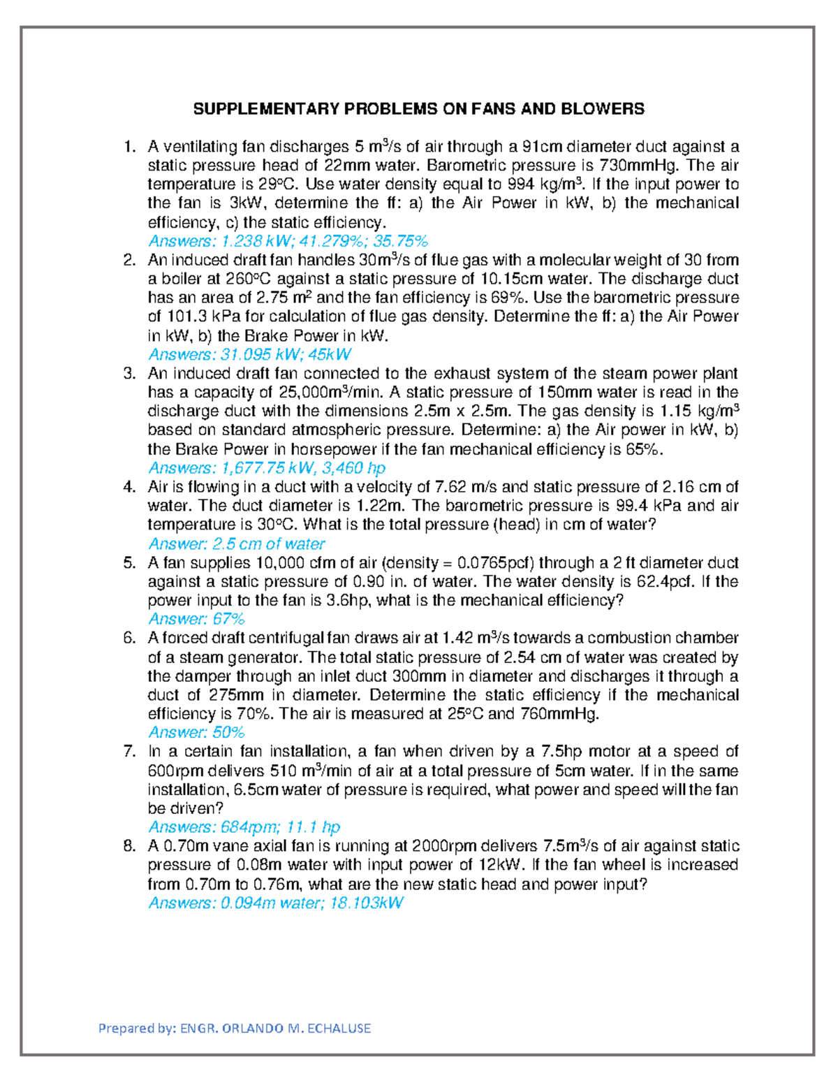 Supplementary Problems ON FANS AND Blowers REV - Prepared by: ENGR ...