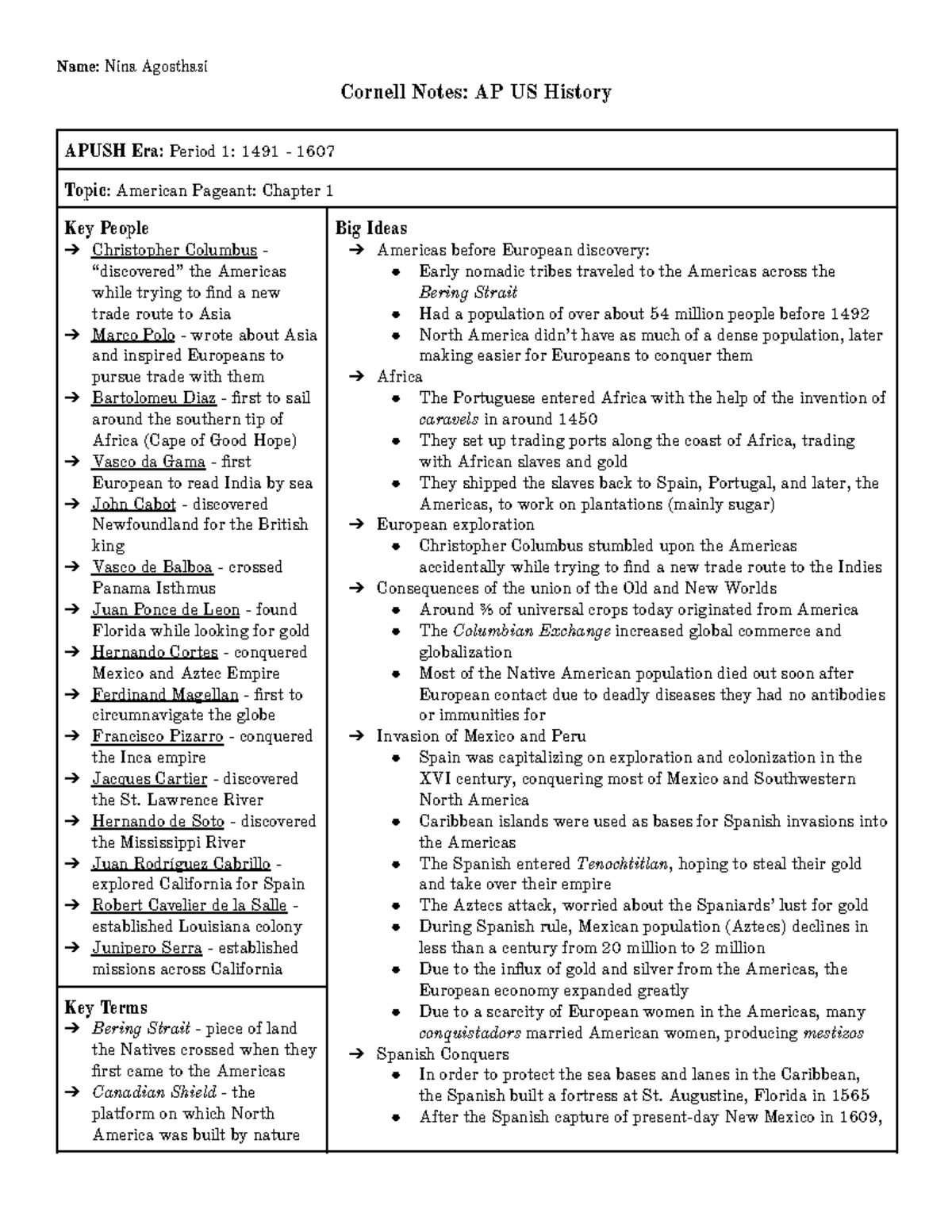 Apush Cornell Notes - Period 1 (Chapter 1) - Name: Nina Agosthazi ...