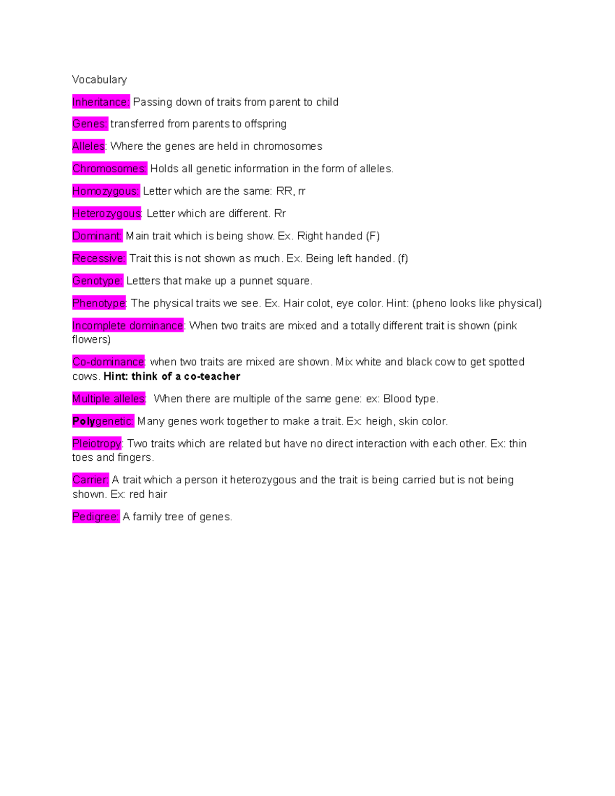 genetics study guide - Vocabulary Inheritance: Passing down of traits ...