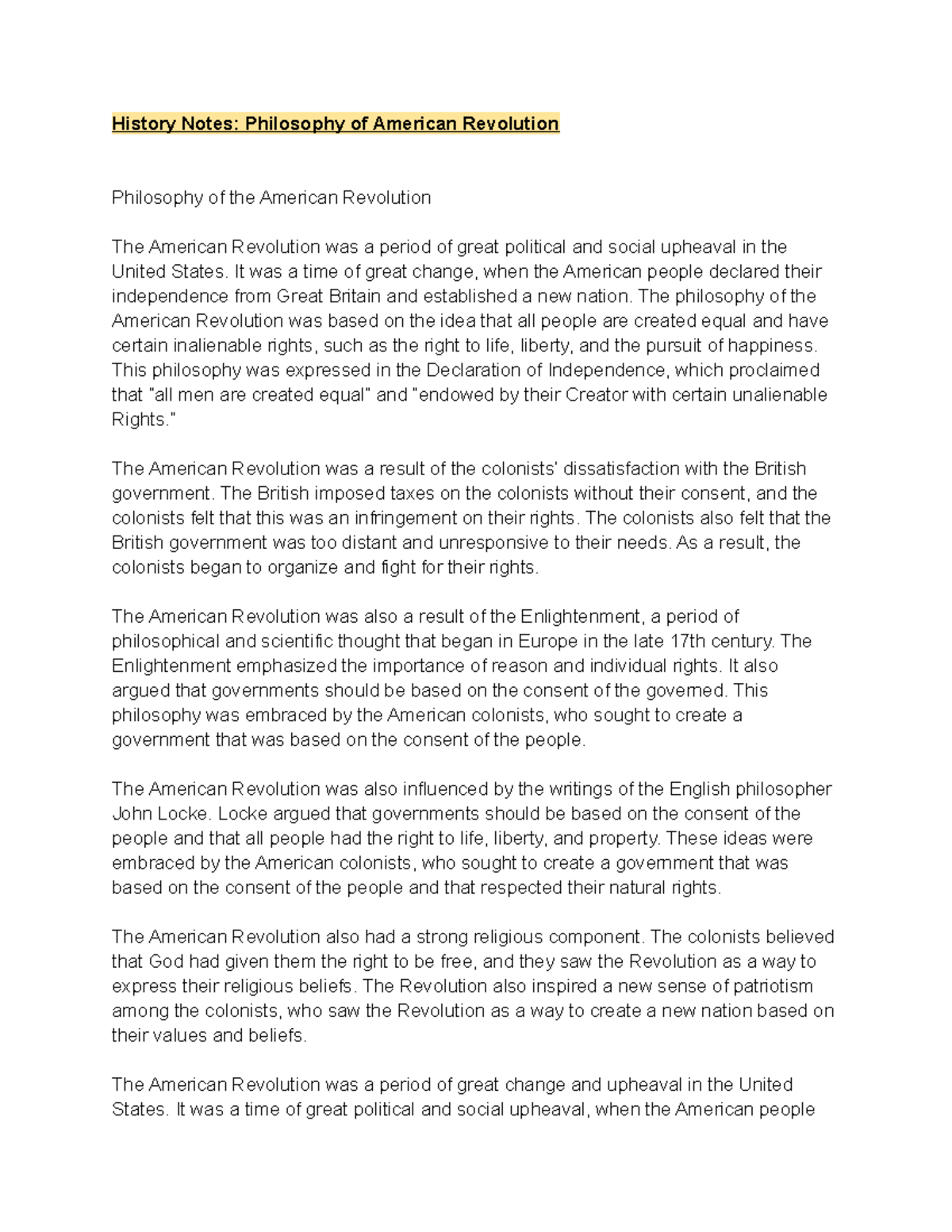 History AP (15) - History Notes: Philosophy of American Revolution ...