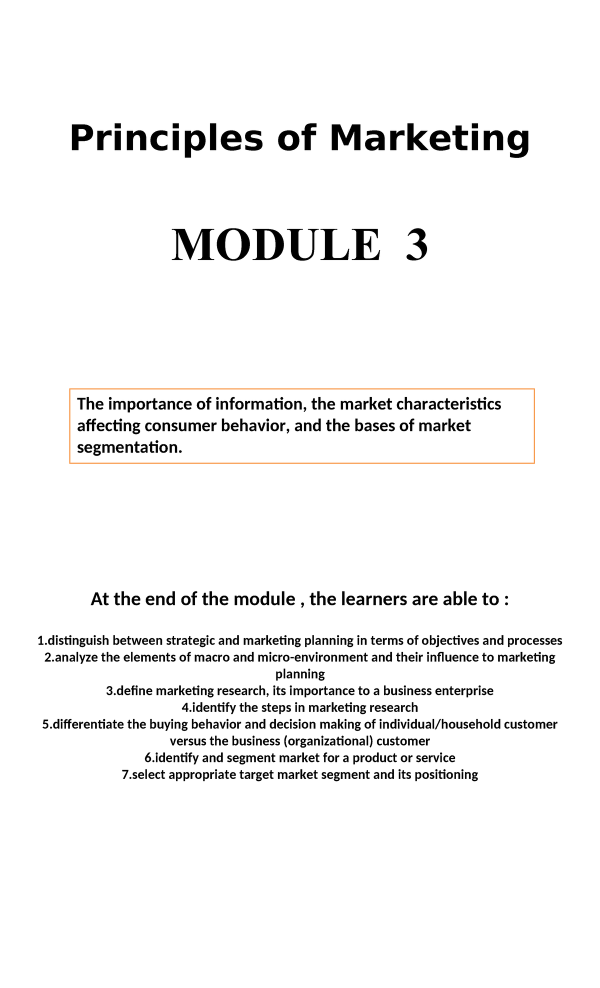 3rd-module-marketing - Principles of Marketing MODULE 3 At the end of ...