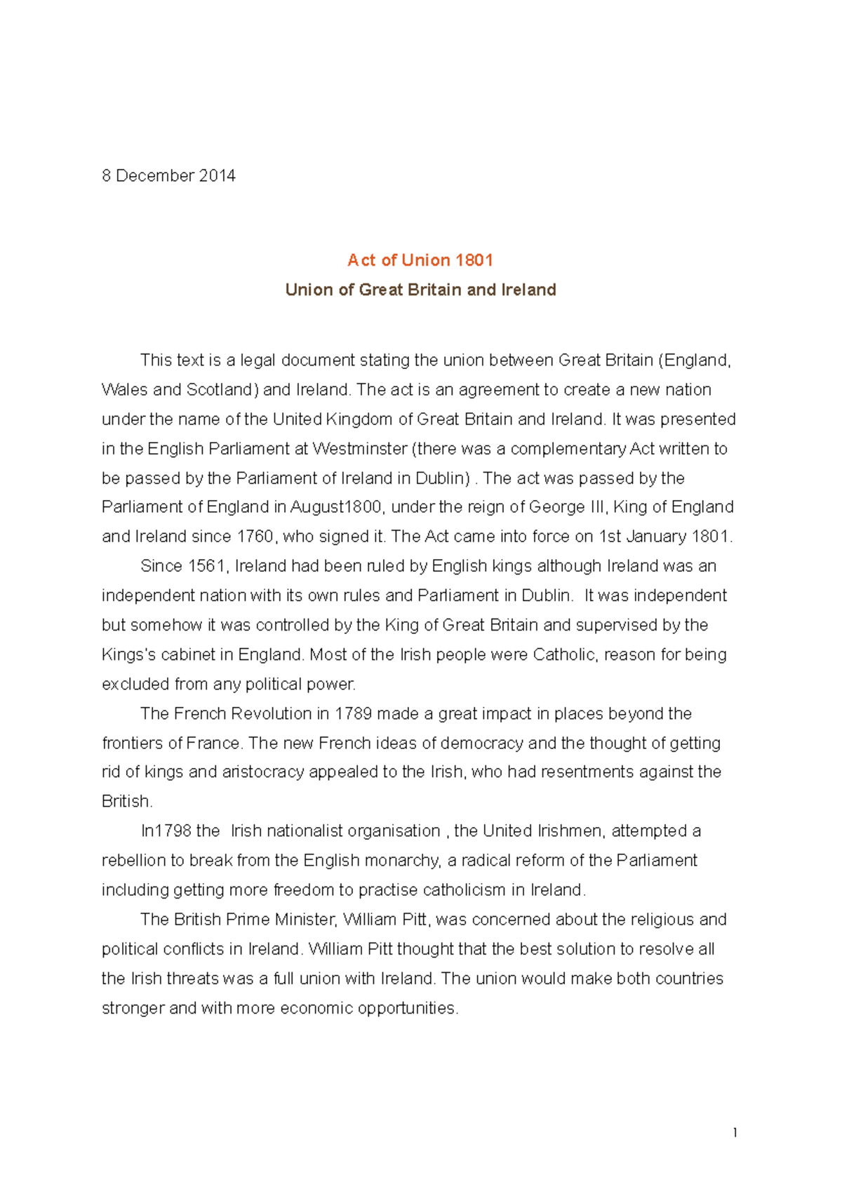 Act Of Union 1801Re - ! ! 8 December 2014 ! ! Act of Union 1801 Union ...