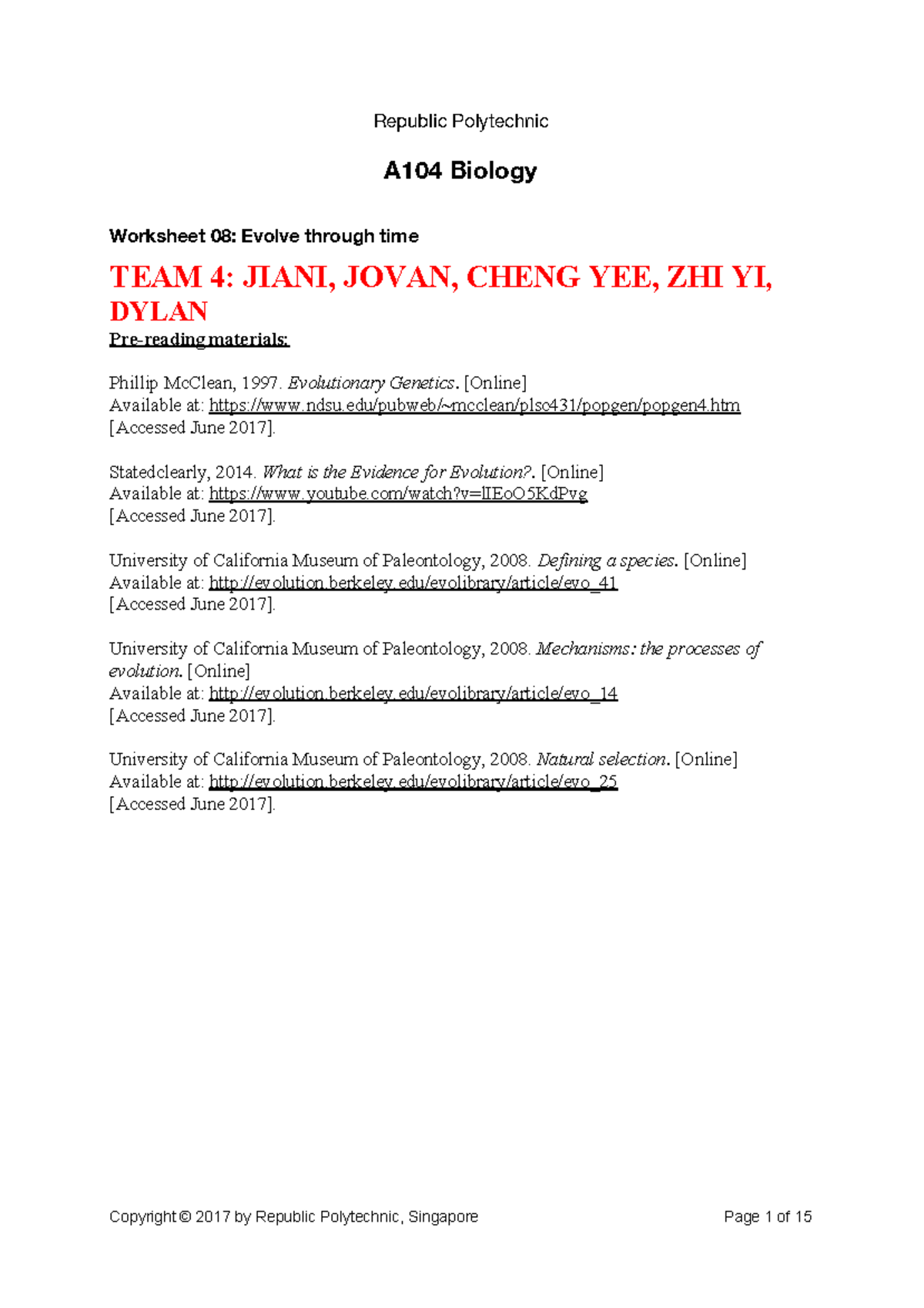 BIO P08 WS - Biology Worksheet - Republic Polytechnic A104 Biology ...