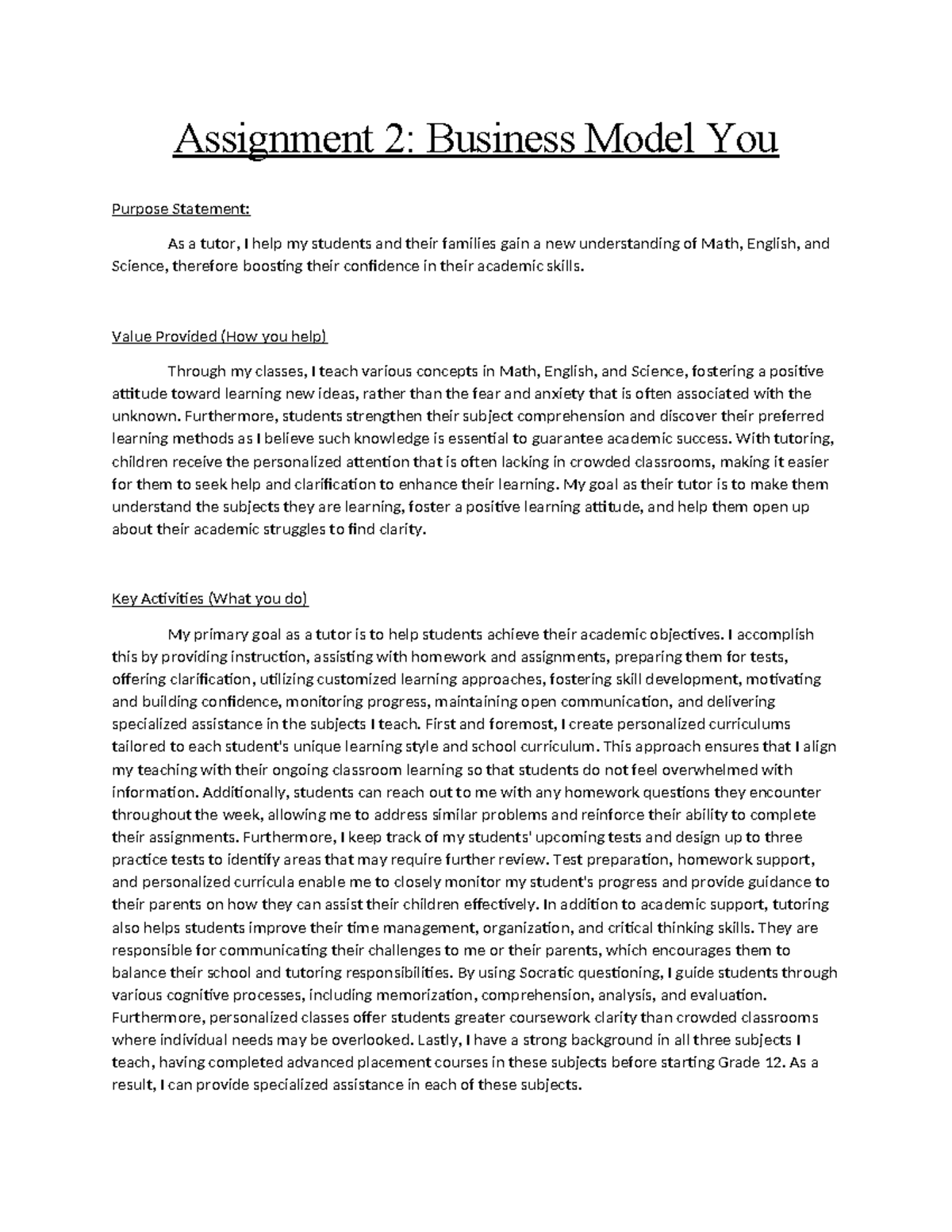 ENT assignment 2 - Assignment 2: Business Model You Purpose Statement ...