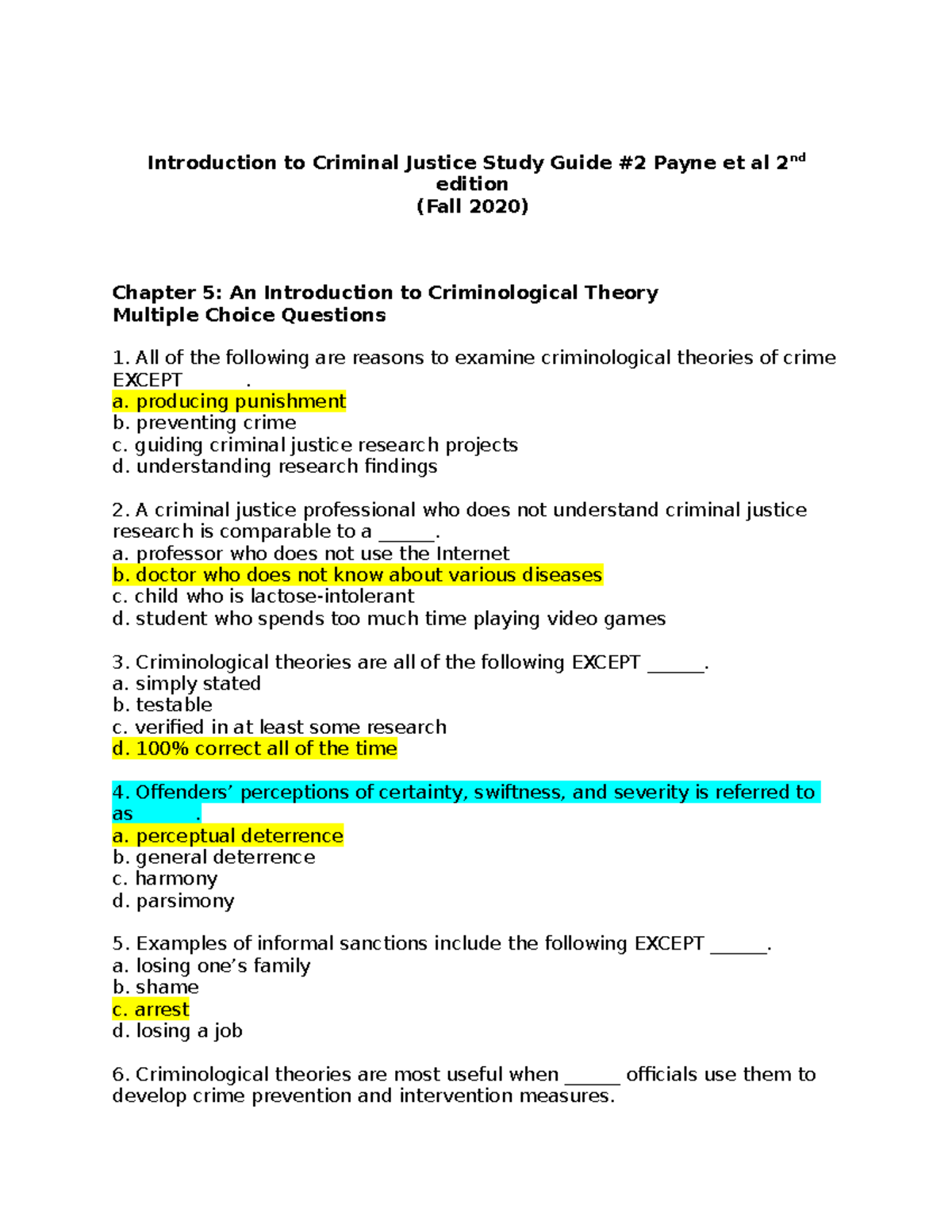Introduction to Criminal Justice Study Guide # 2 Payne et al - a ...