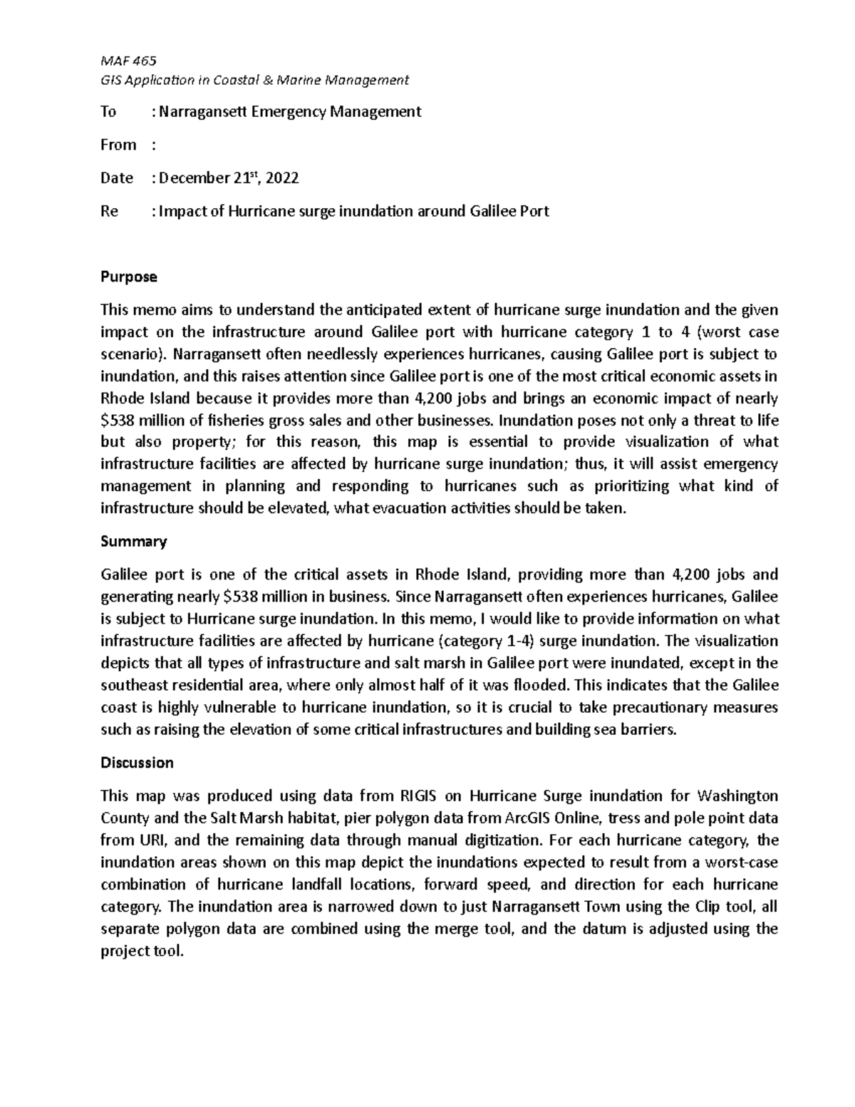 Final Project Memo - MAF 465 GIS Application in Coastal & Marine Management To : Narragansett ...