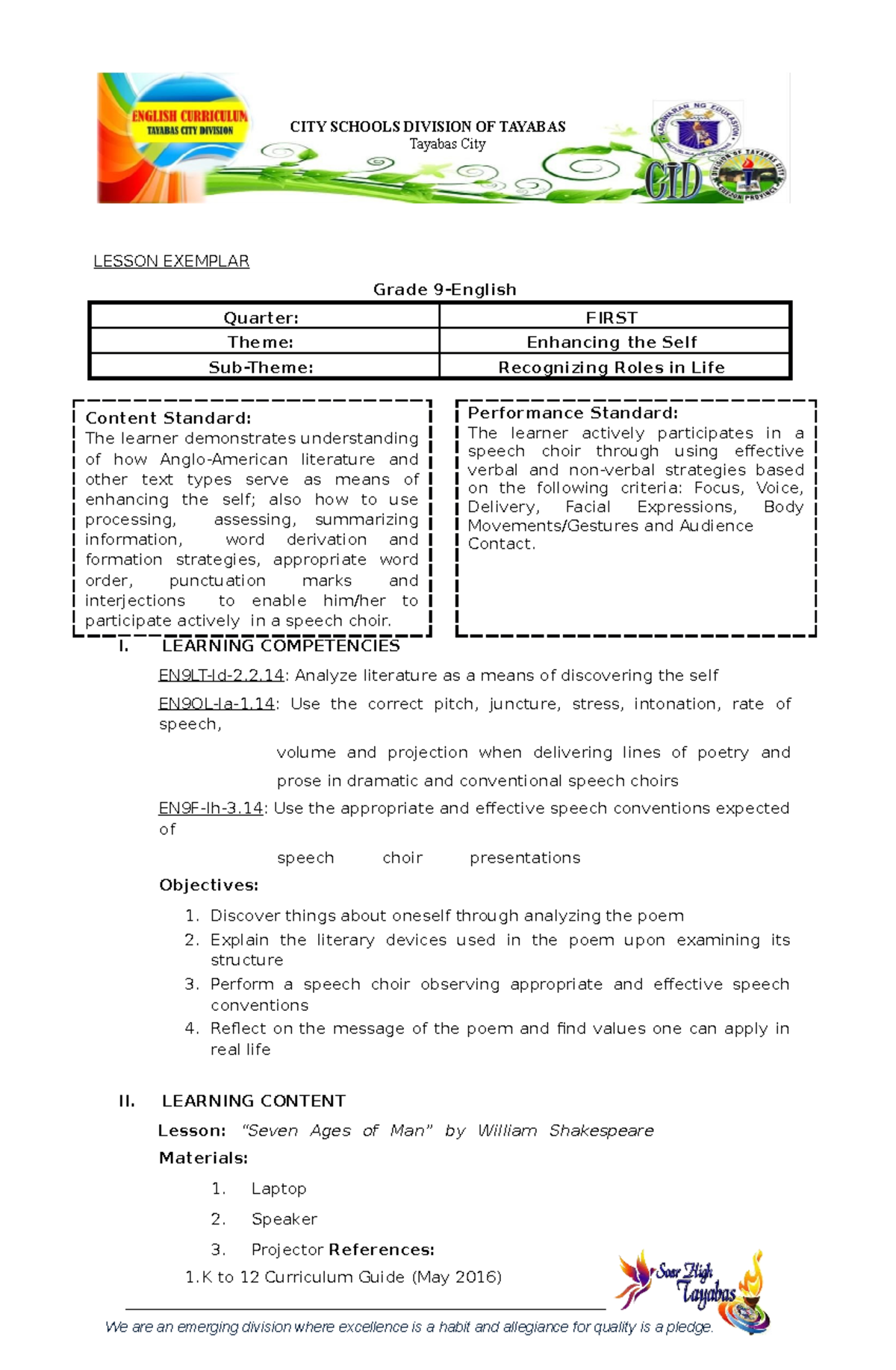 G9 English Lesson Exemplar 1st Quarter LESSON EXEMPLAR Grade 9 