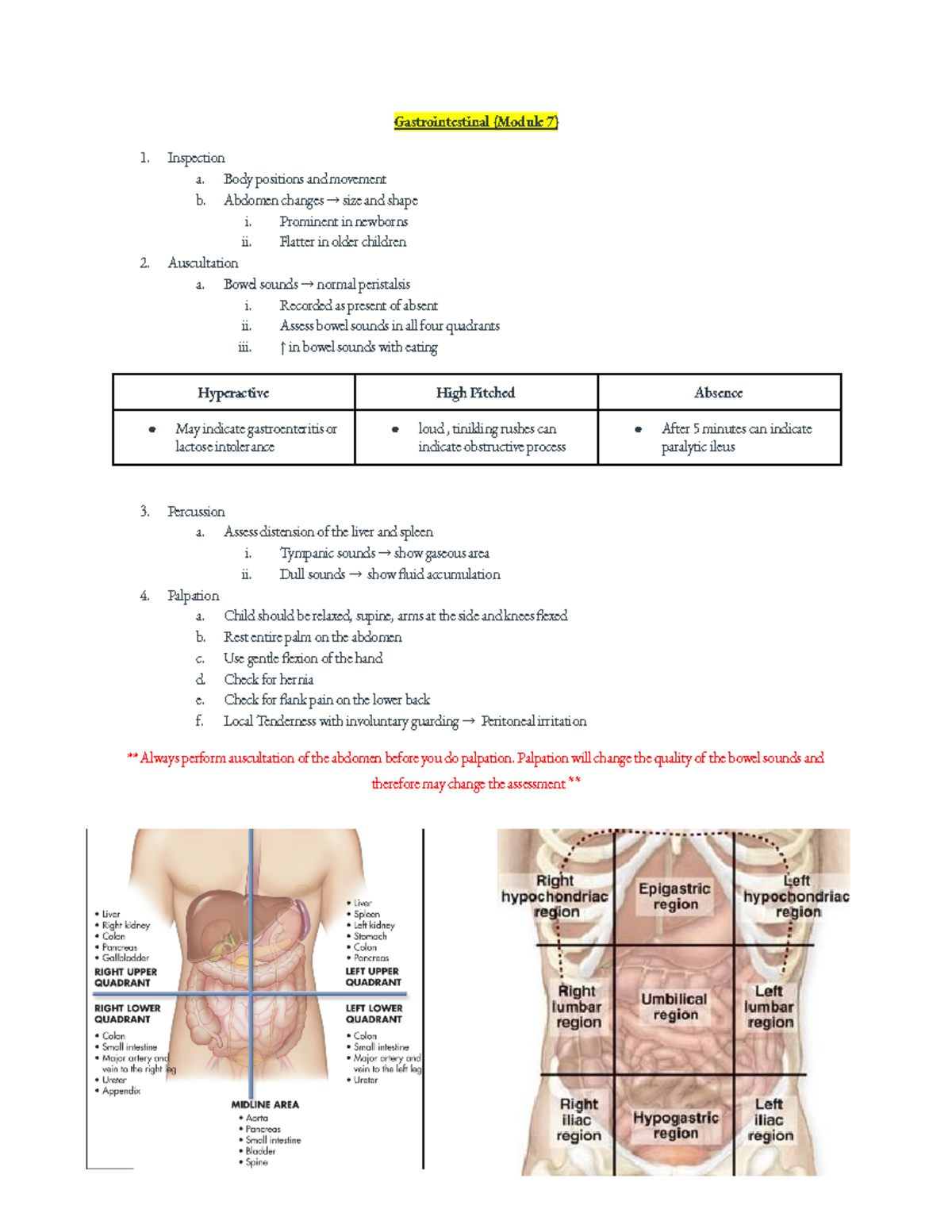 Peds Module 7 Notes - Gastrointestinal (Module 7) 1. Inspection a. Body ...