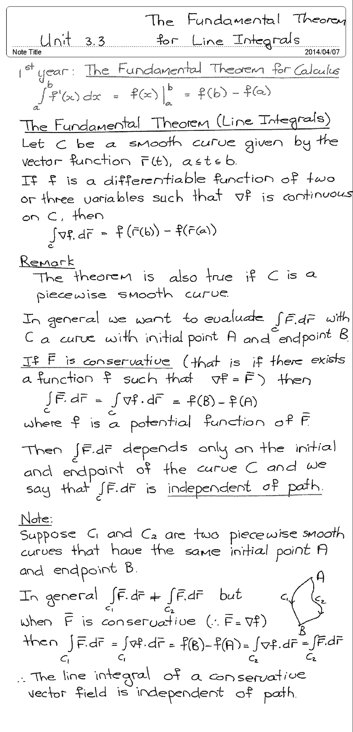 WTW258 Unit 3.3 English - The Fundamental Theorem Unit 3 for Line Integrals Note Title 1st year ...