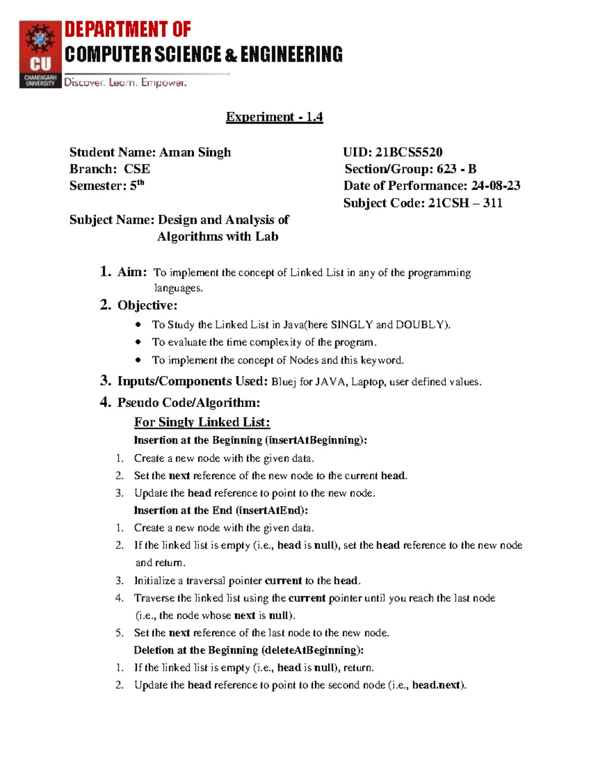 Exp 1 - DAA WORKSHEET - COMPUTER SCIENCE & ENGINEERING Experiment - 1. 4 Student Name: Aman ...
