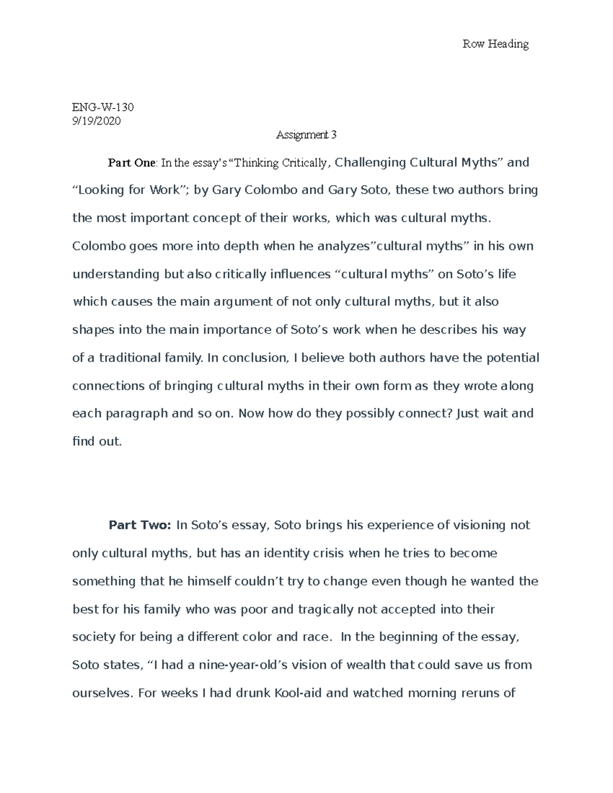 Assignment 3 - Row Heading ENG-W- 9/19/ Assignment 3 Part One: In the ...