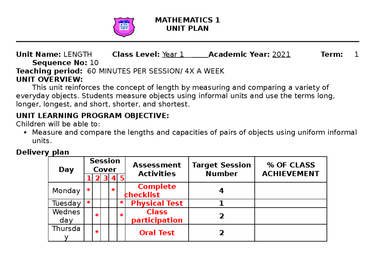 MATH1 T1 WK10- Length - MATHEMATICS 1 UNIT PLAN Unit Name: LENGTH Class ...