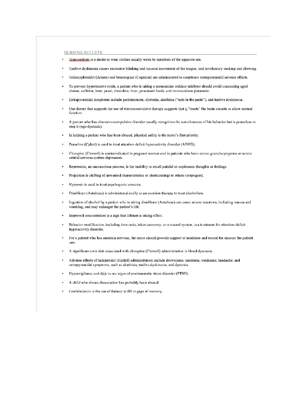 Psyche-Bullets 1 - Psych materials bullets - Medical Surgical Nursing ...