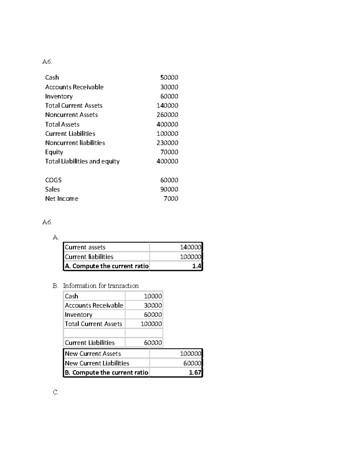 Application assignment 5 - A6. Cash Accounts Receivable Inventory Total ...
