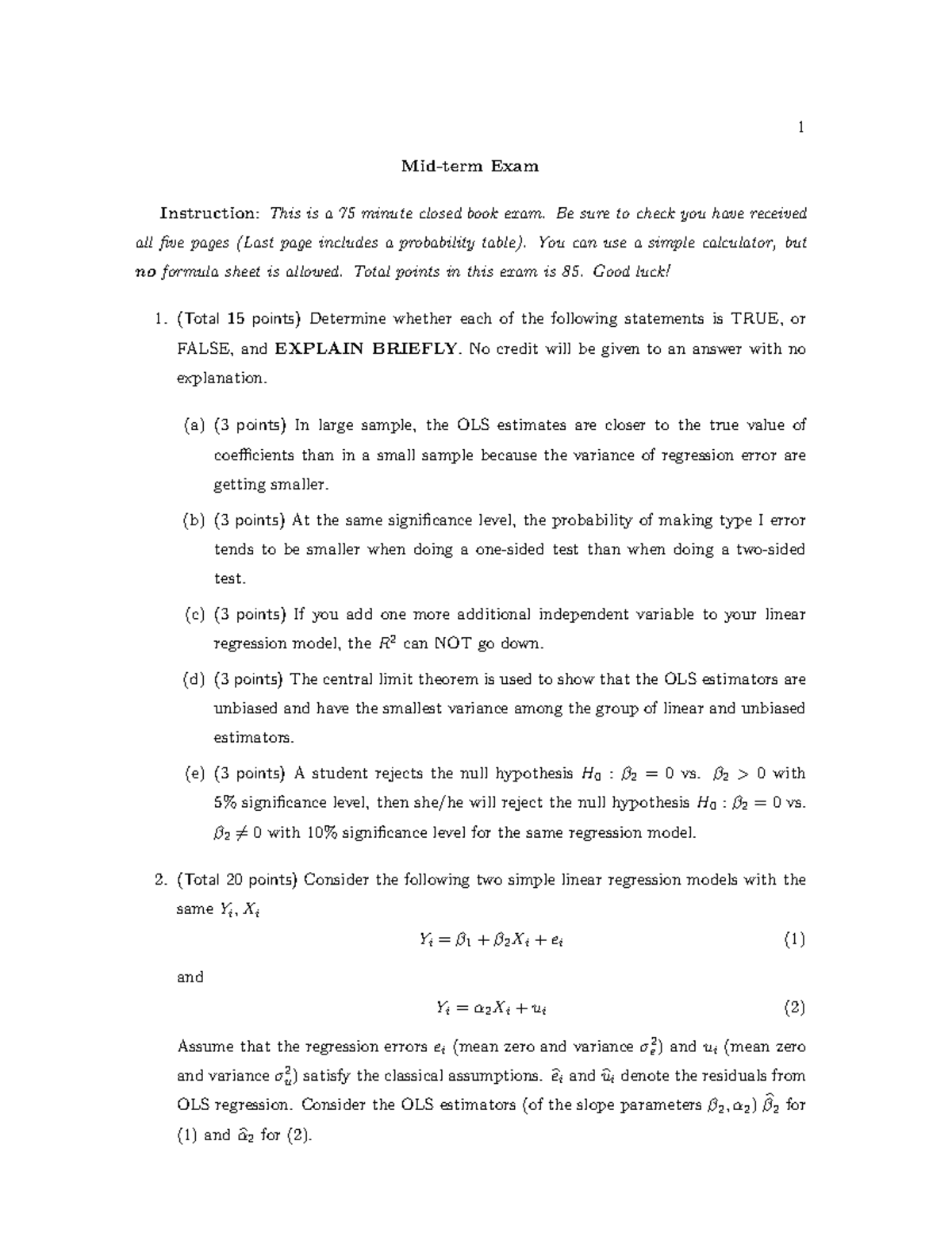 Mid23-1 for Econometrics - Mid-term Exam Instruction: This is a 75 ...