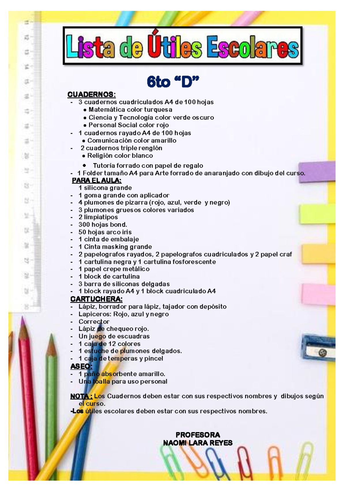 Lista DE Utiles 6to Grado - 6 to “D” CUADERNOS: 3 cuadernos ...