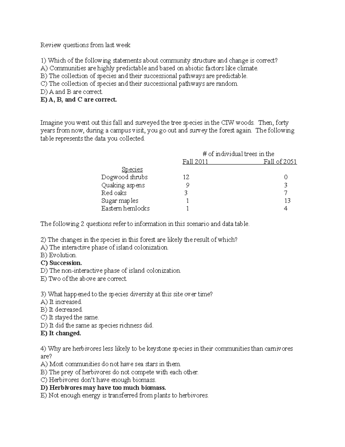 Pre-lecture week 12 practice questions on succession - Review questions ...