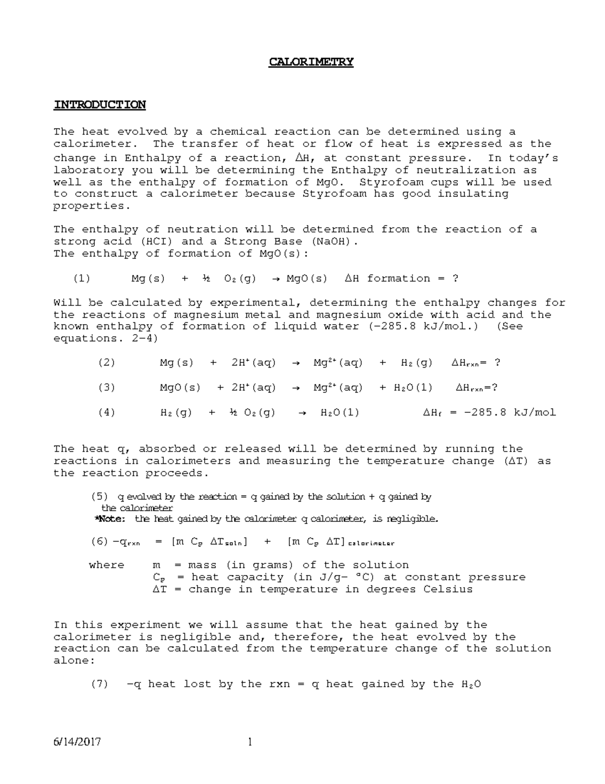 Chem 112 Calorimetry - Notes - CALORIMETRY INTRODUCTION The heat ...