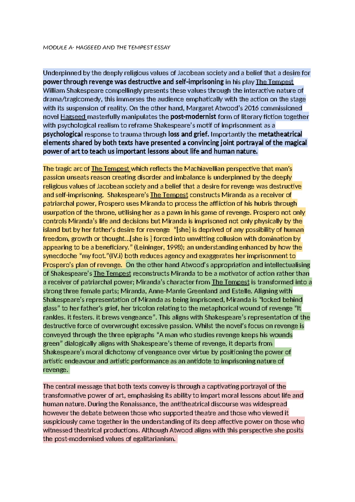 Module A - MODULE A- HAGSEED AND THE TEMPEST ESSAY Underpinned by the ...