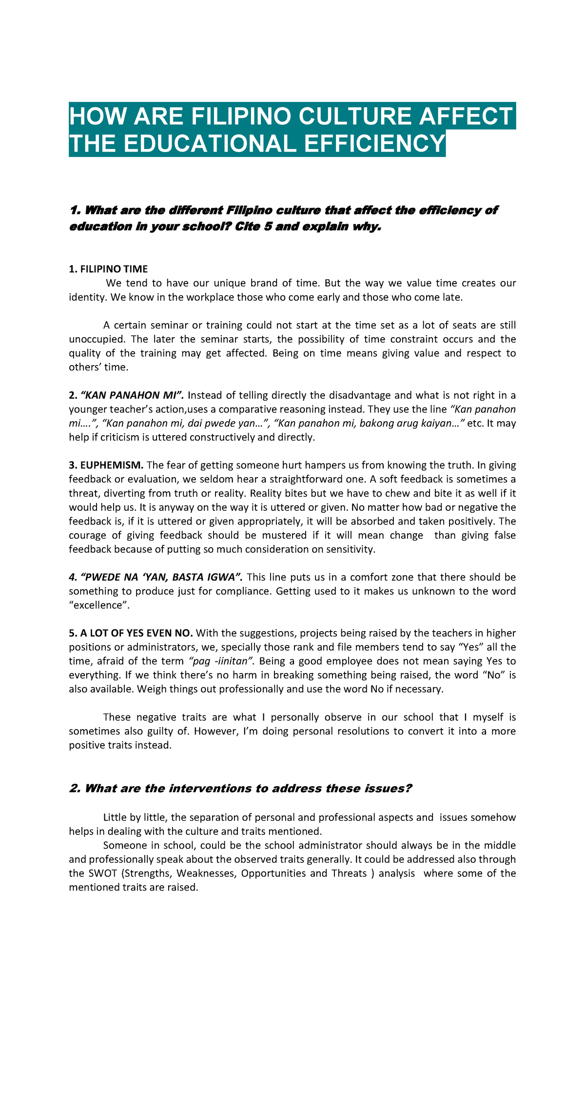 THE National Culture AND THE Educational Efficiency - HOW ARE FILIPINO ...