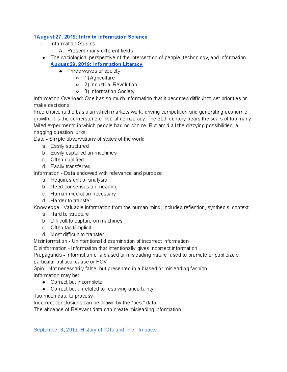 INST201 - FALL 2019 NOTES FOR INTRO TO INFORMATION SCIENCE; TRIOLA - 1 ...