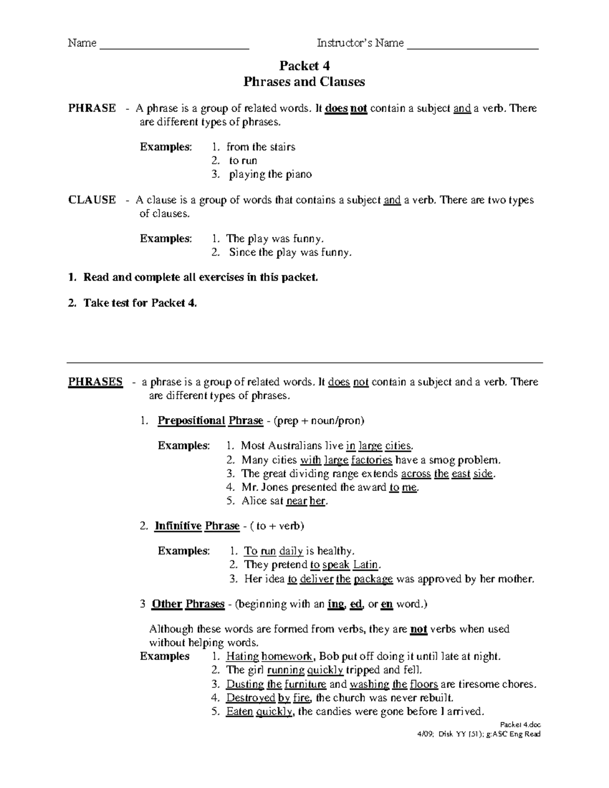 Packet 4 phrases and clauses - Name ...