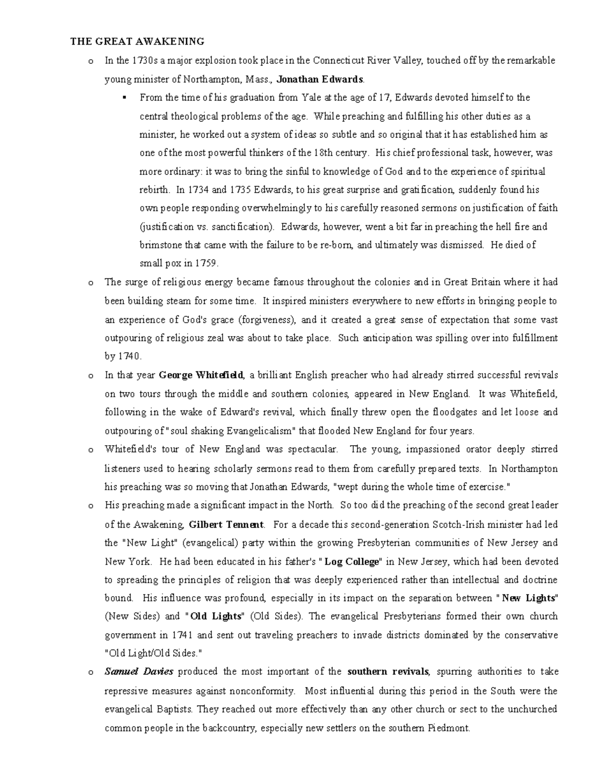 Notes - Great Awakening and Enlightenment - THE GREAT AWAKENING o In ...