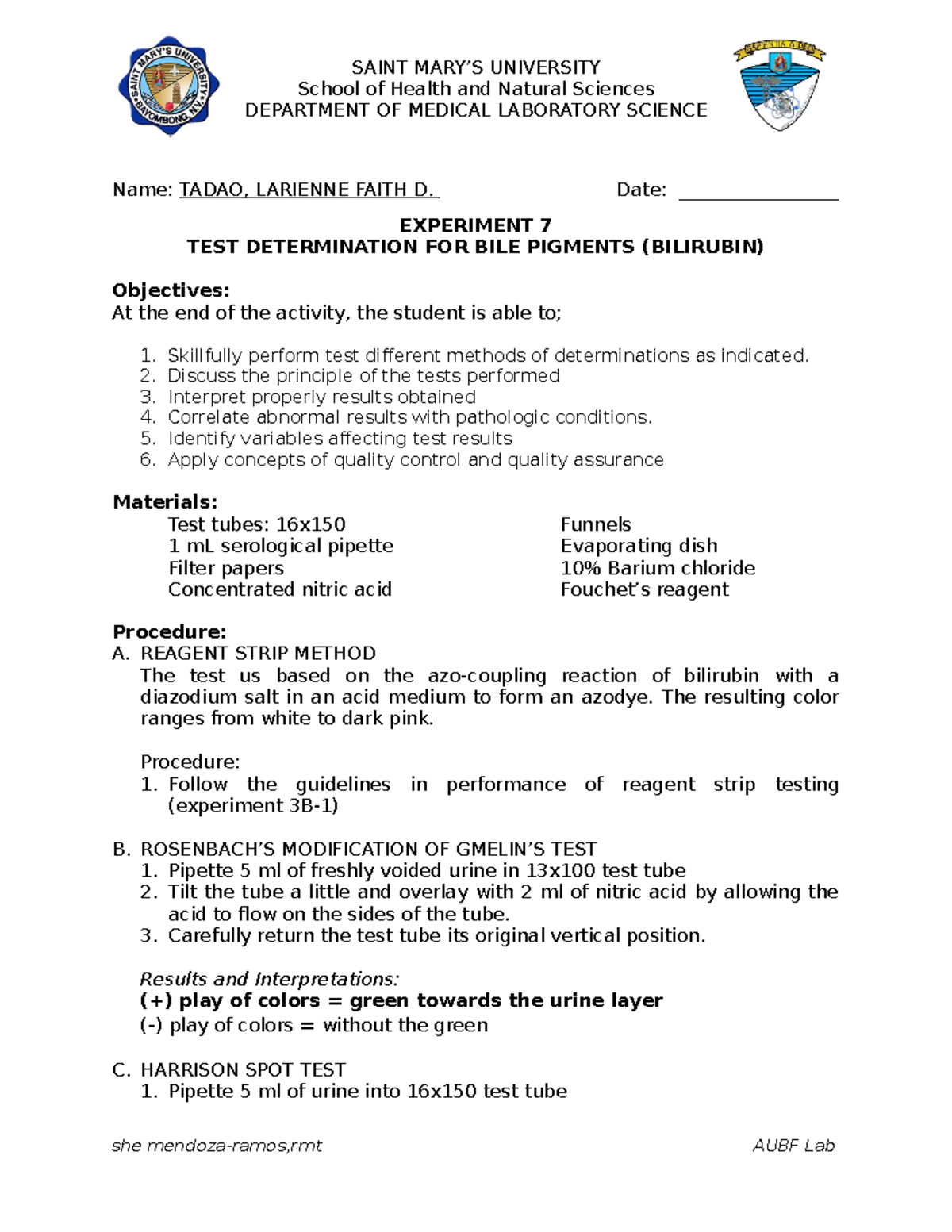 AUBF EXP 7 Test Determination for Bile Pigments Bilirubin - SAINT MARY ...