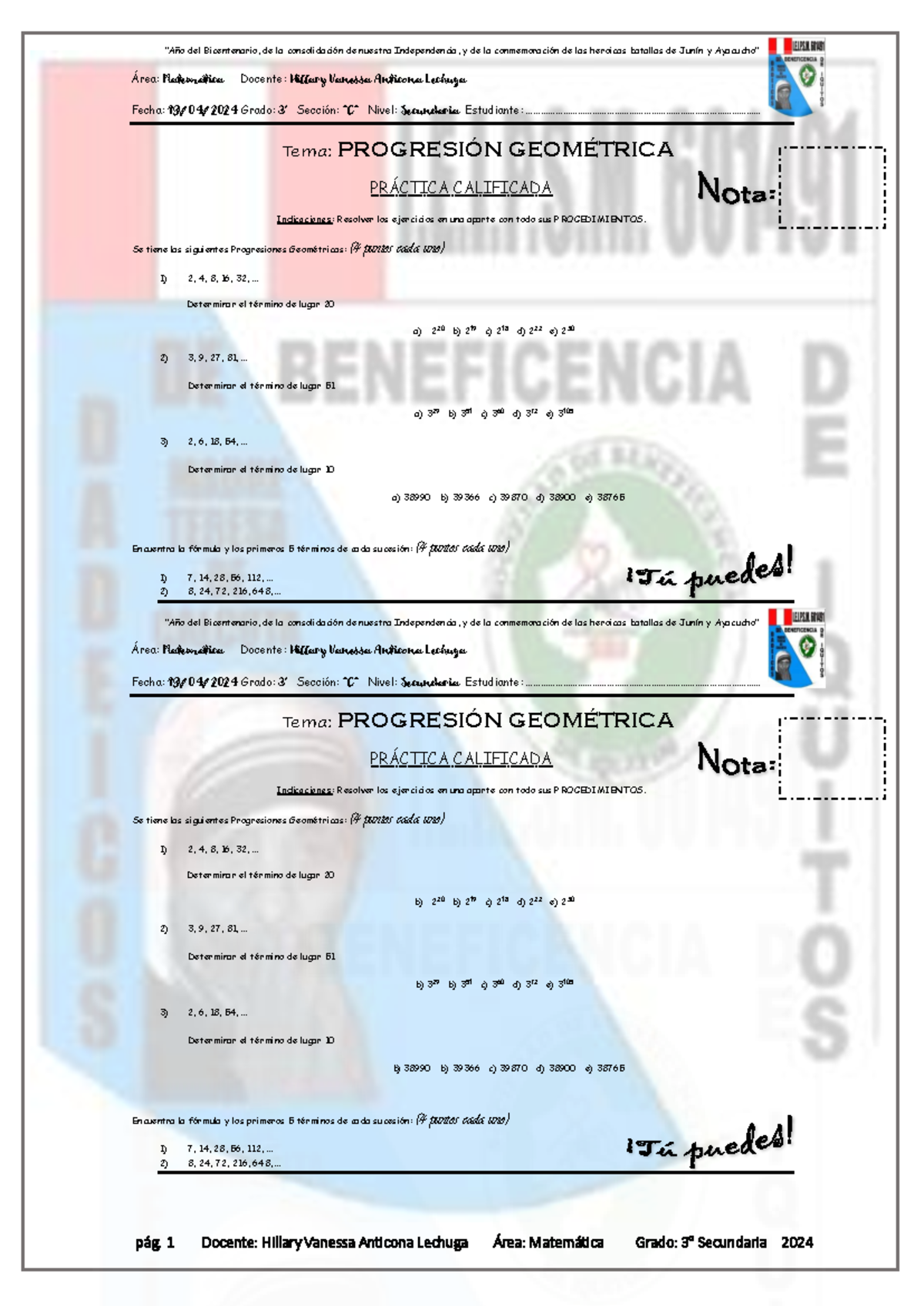 Práctica Calificada Progresión Geométrica CON Tercero C 2024 ...