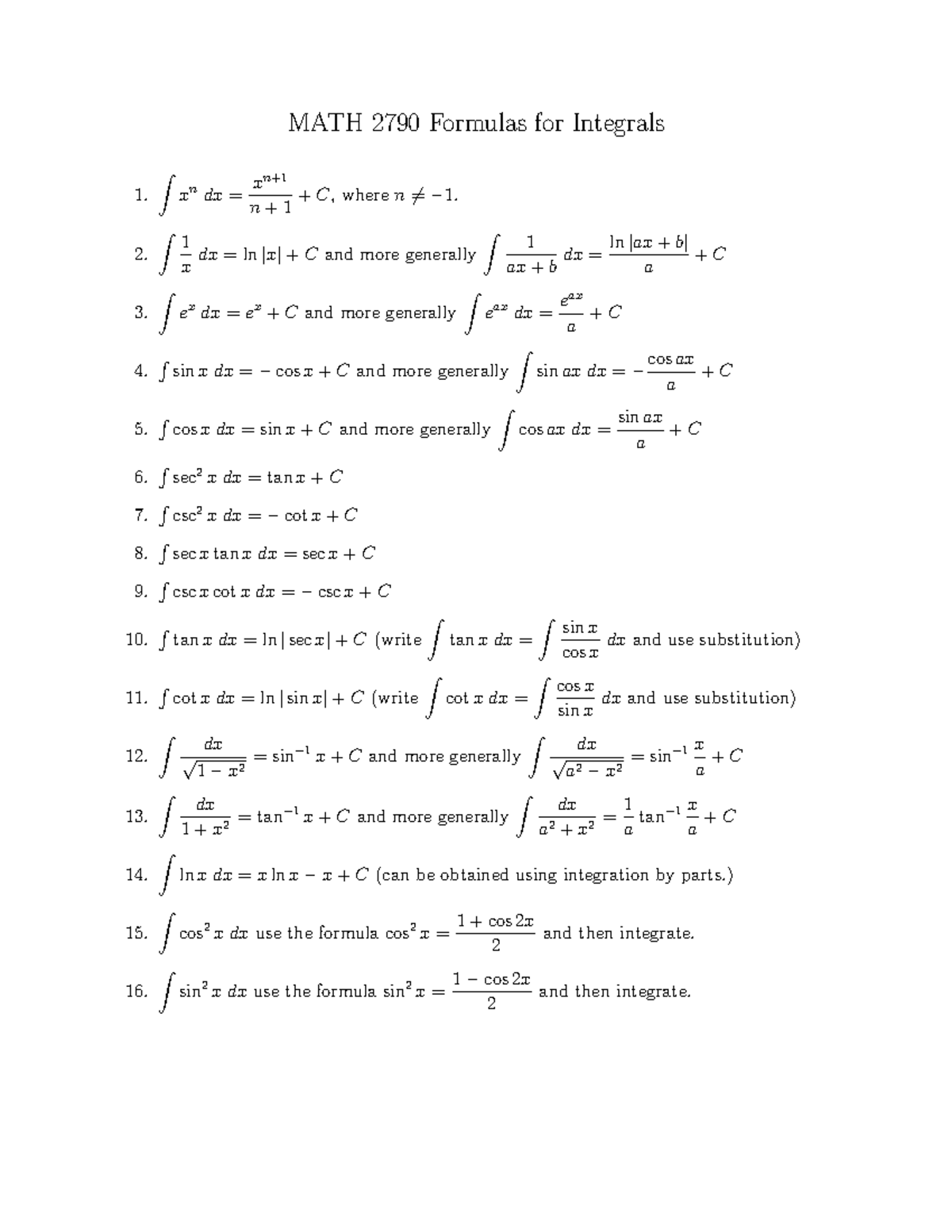 2790Formulas for Integrals - MATH 2790 Formulas for Integrals ∫ xn dx ...
