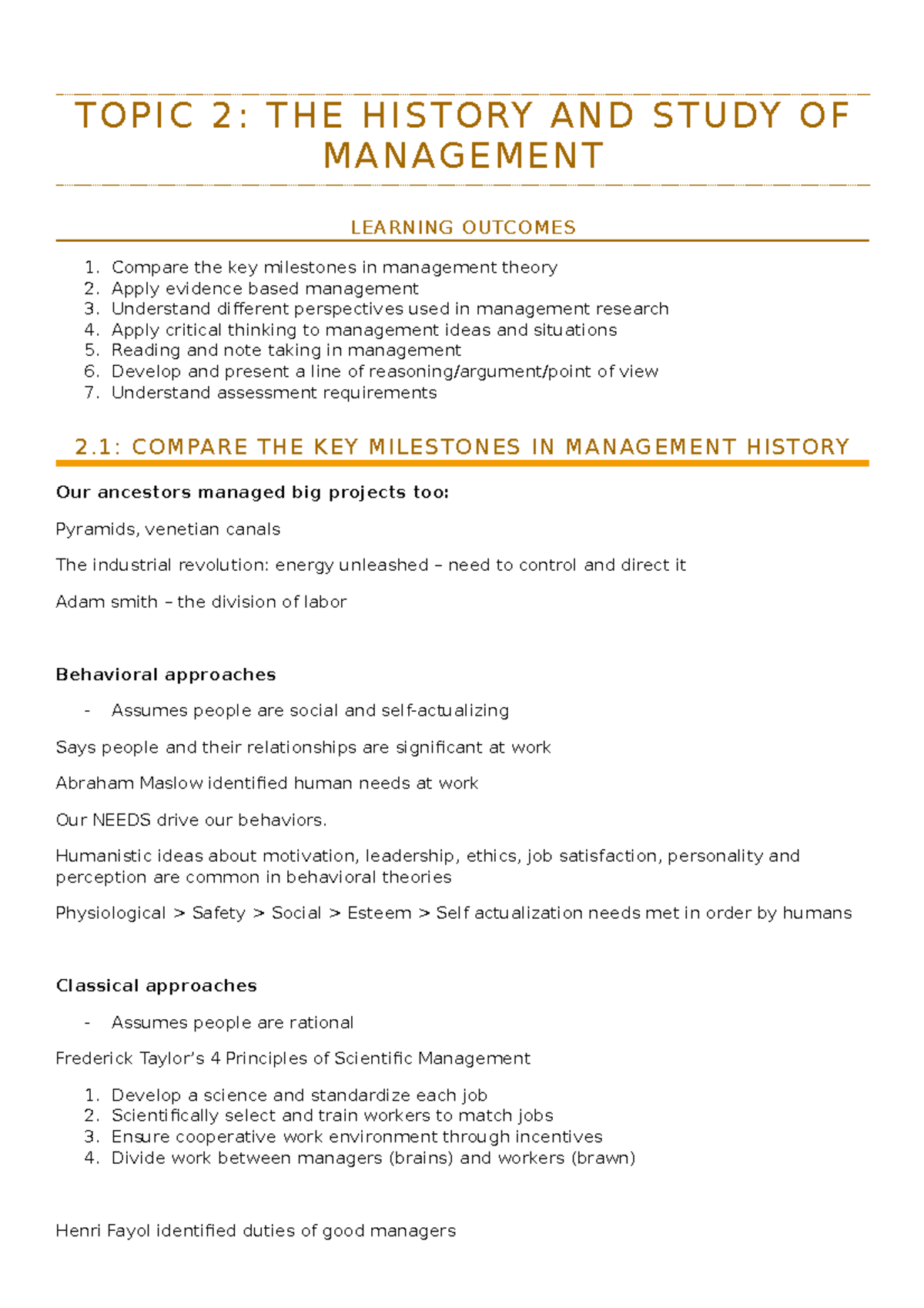 Topic 2 MMM132 - TOPIC 2: THE HISTORY AND STUDY OF MANAGEMENT LEARNING ...
