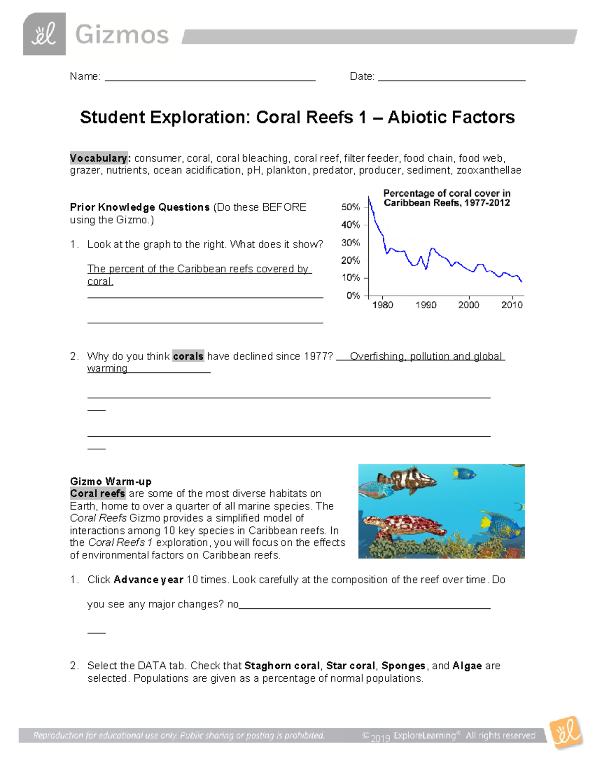 Coral Reef gizmo - Name: Date: Student Exploration: Coral Reefs 1 ...