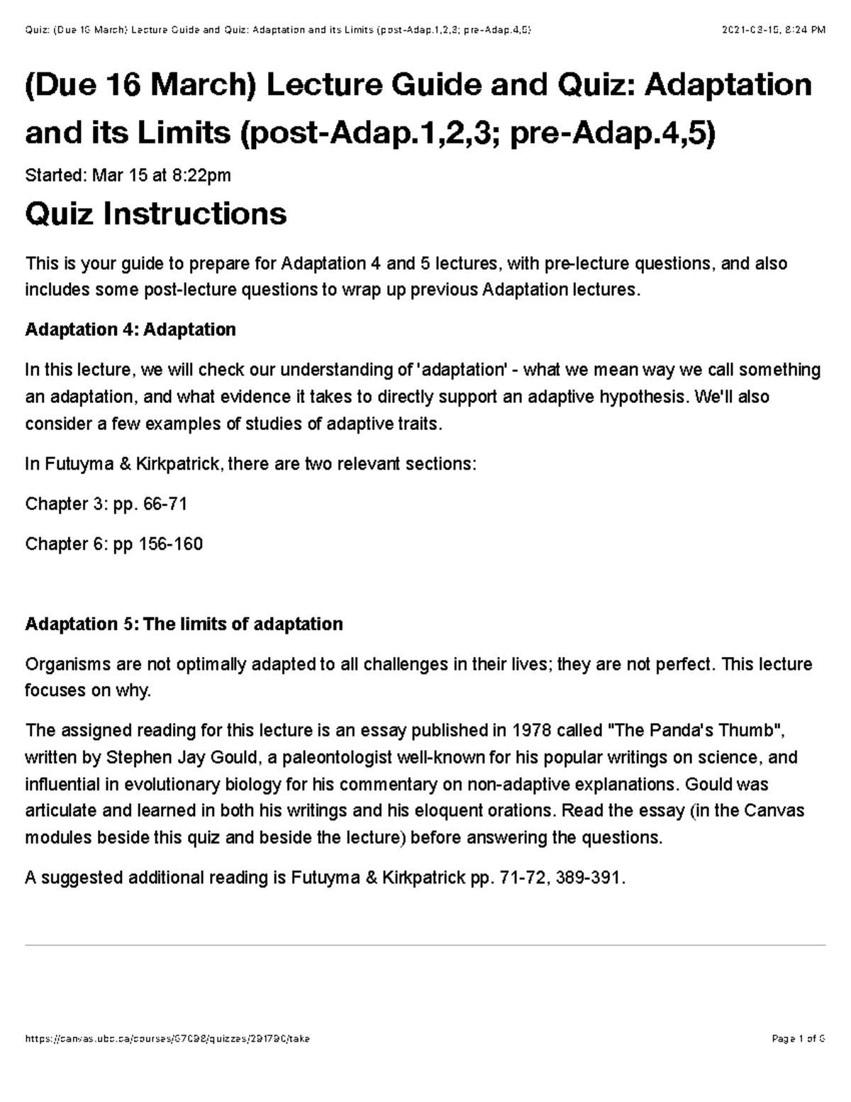 Quiz: (Due 16 March) Lecture Guide and Quiz: Adaptation and its Limits ...