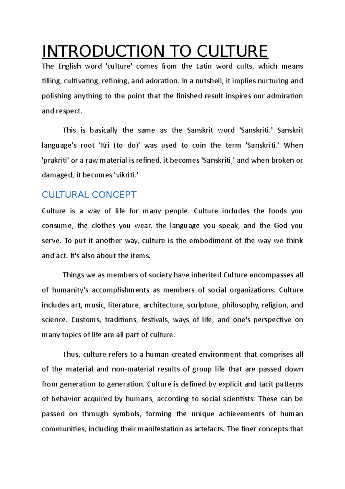 Introduction TO Culture - INTRODUCTION TO CULTURE The English word ...