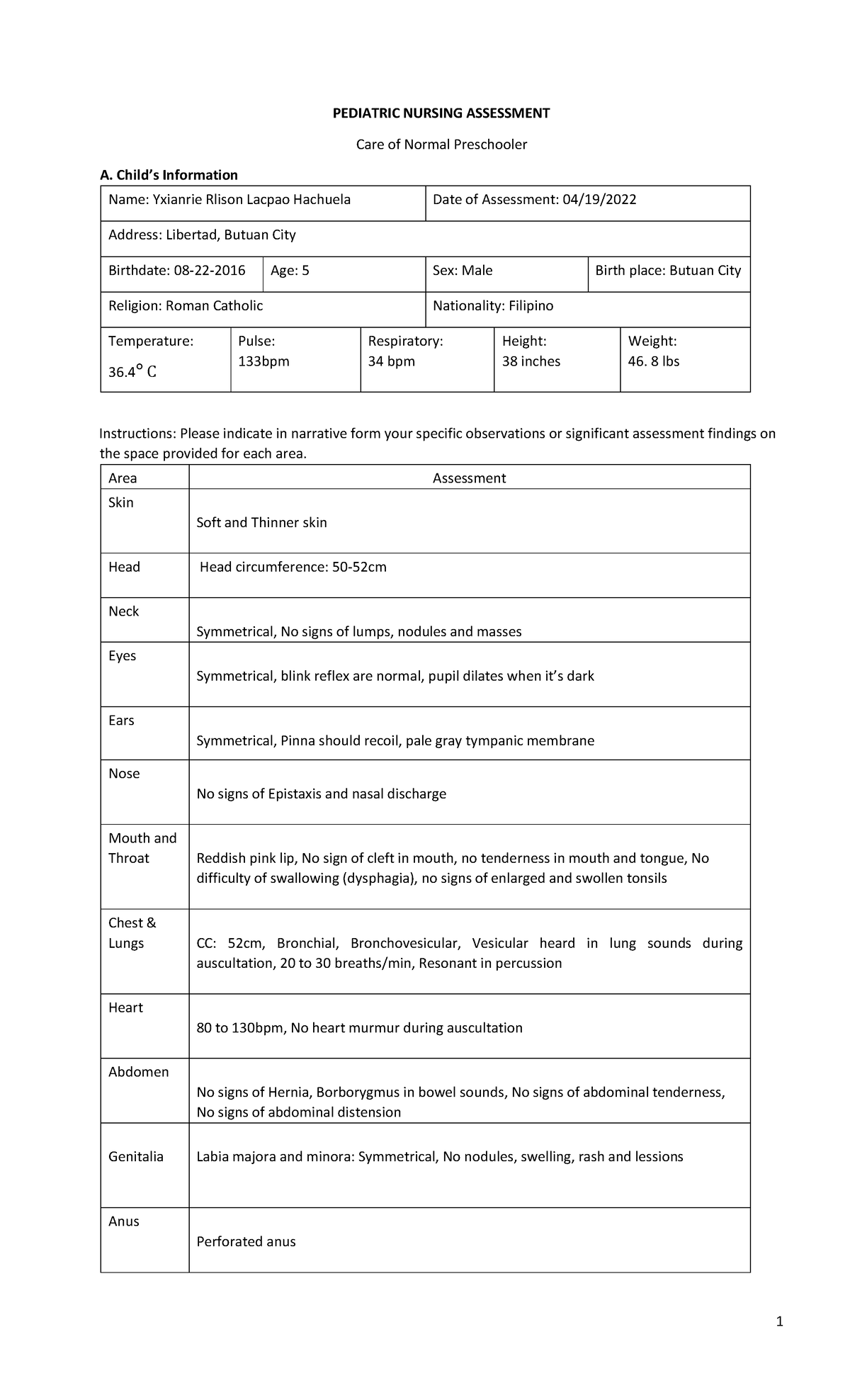Physical-Assessment HEAD TO TOE ASSESSMENTS OF A PRESCHOOLER - Nursing ...