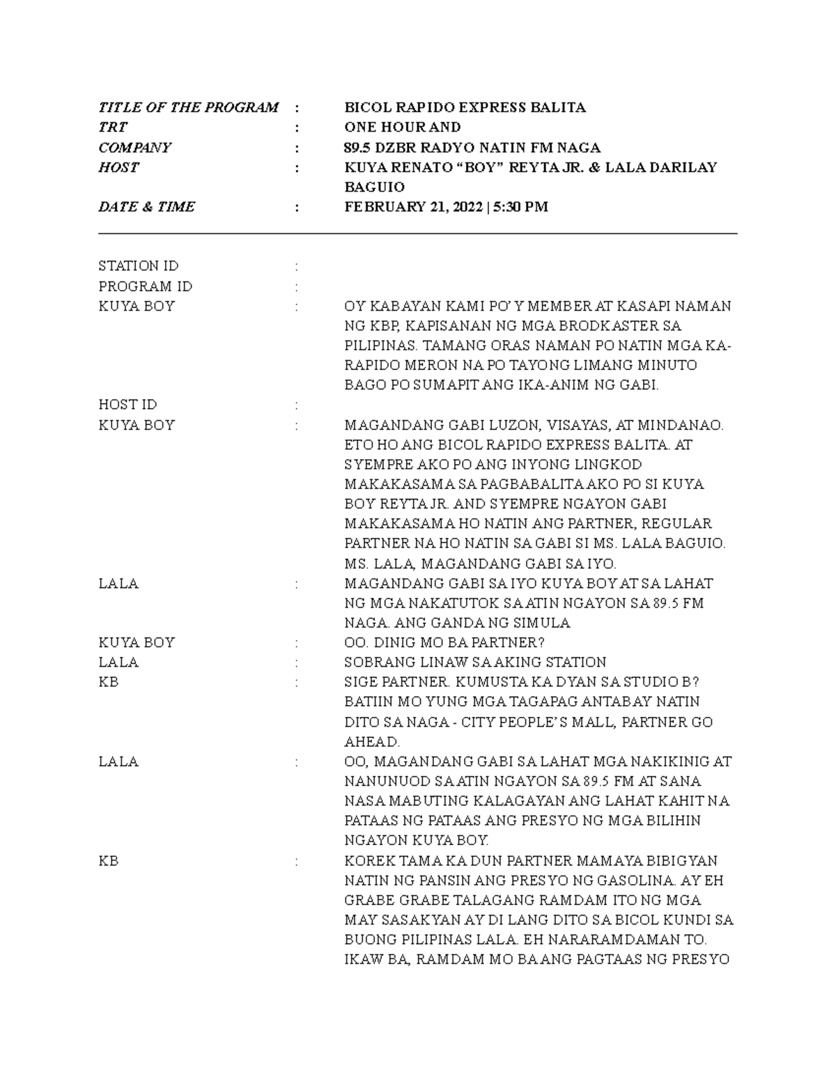 Bicol Rapido Express Balita Feb 21, 2022 - TITLE OF THE PROGRAM : BICOL ...