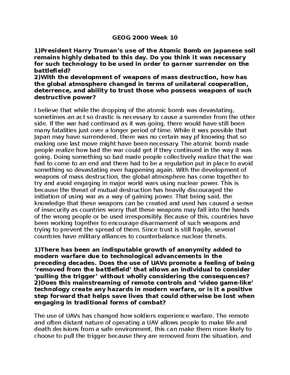 GEOG week 10 - Answers to week 10's assignment - GEOG 2000 Week 10 1 ...