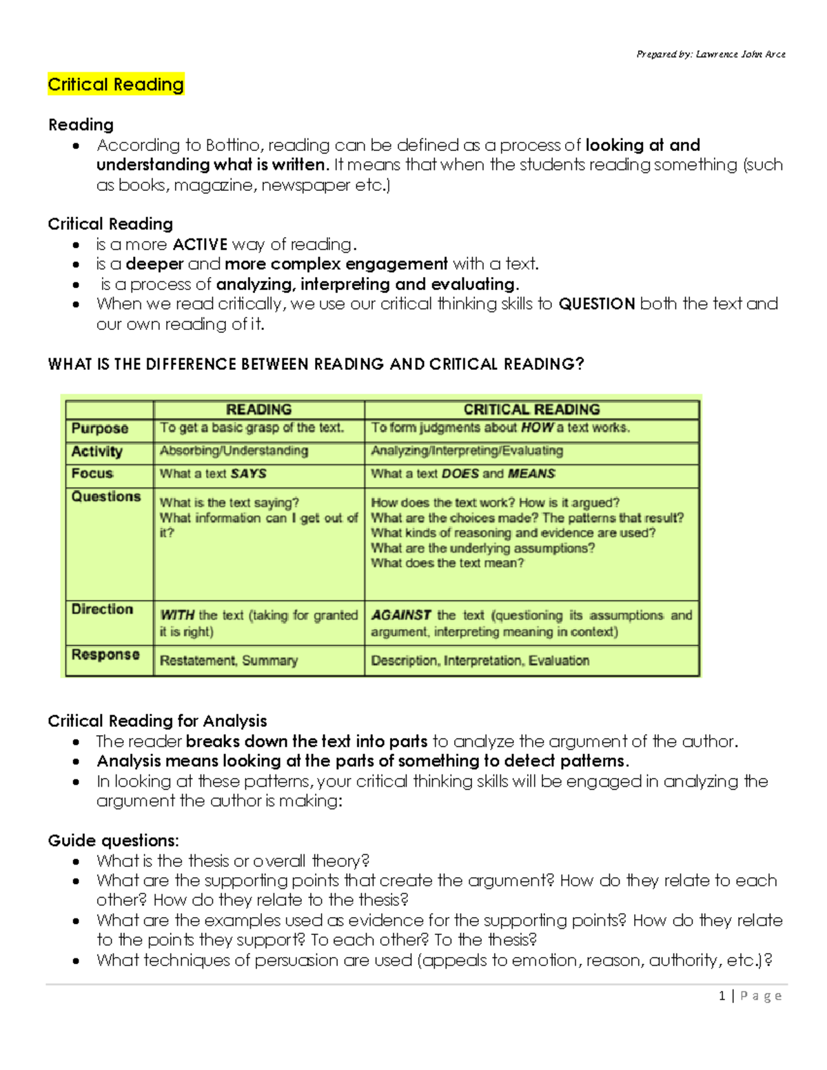 Critical Reading - Prepared by: Lawrence John Arce 1 | P a g e Critical ...