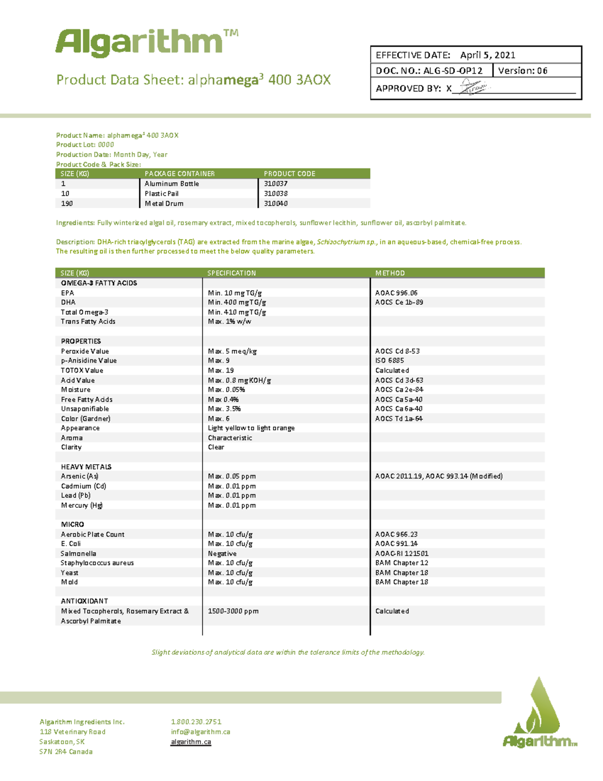 Alphamega 3 400 3AOX PDS - Algarithm Ingredients Inc. 118 Veterinary ...