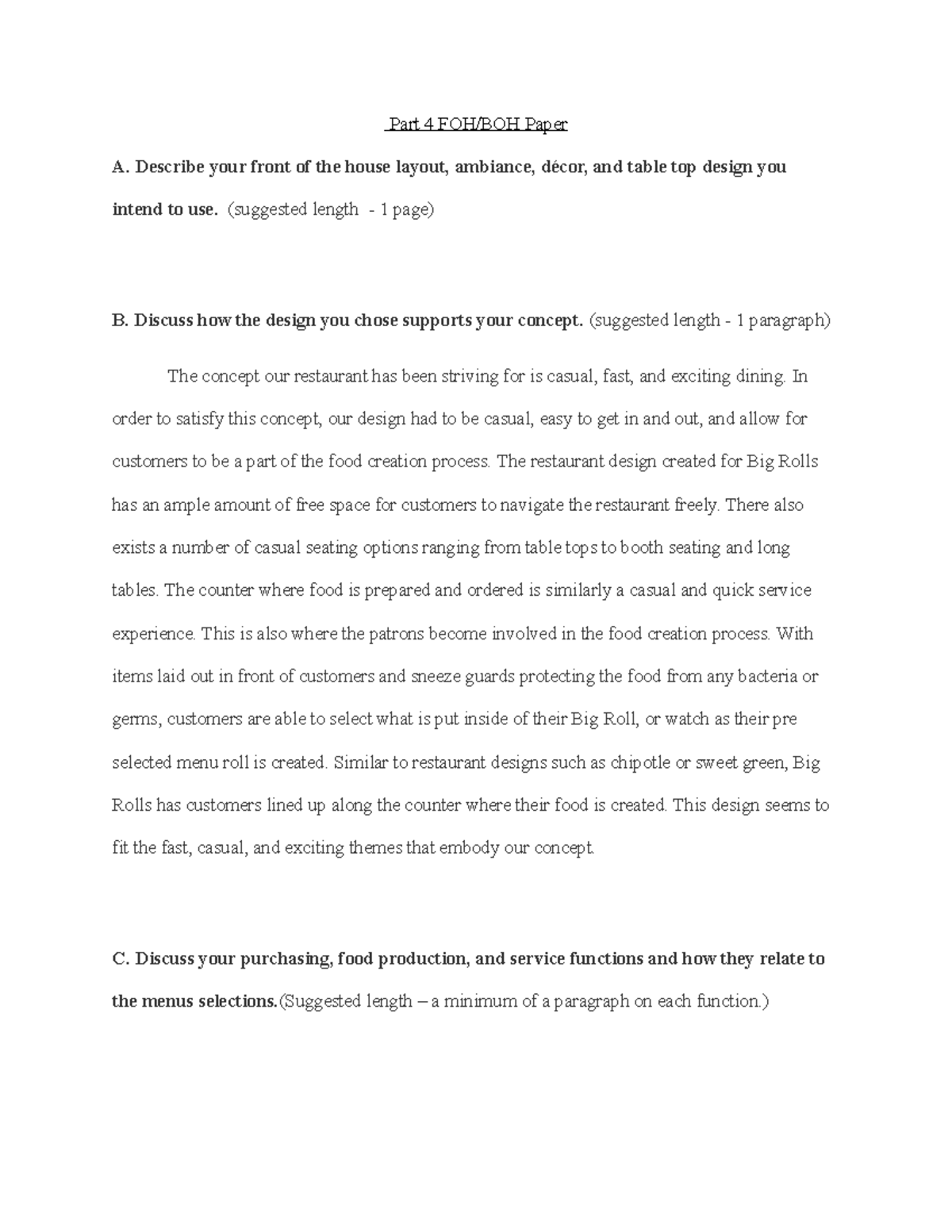 Purchase order - Part 4 FOH/BOH Paper A. Describe your front of the ...