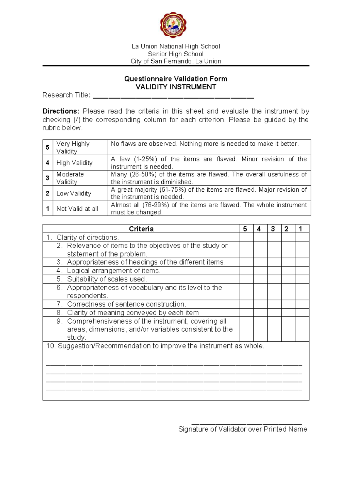 Validation FORM Letter TO THE Validator - La Union National High School ...