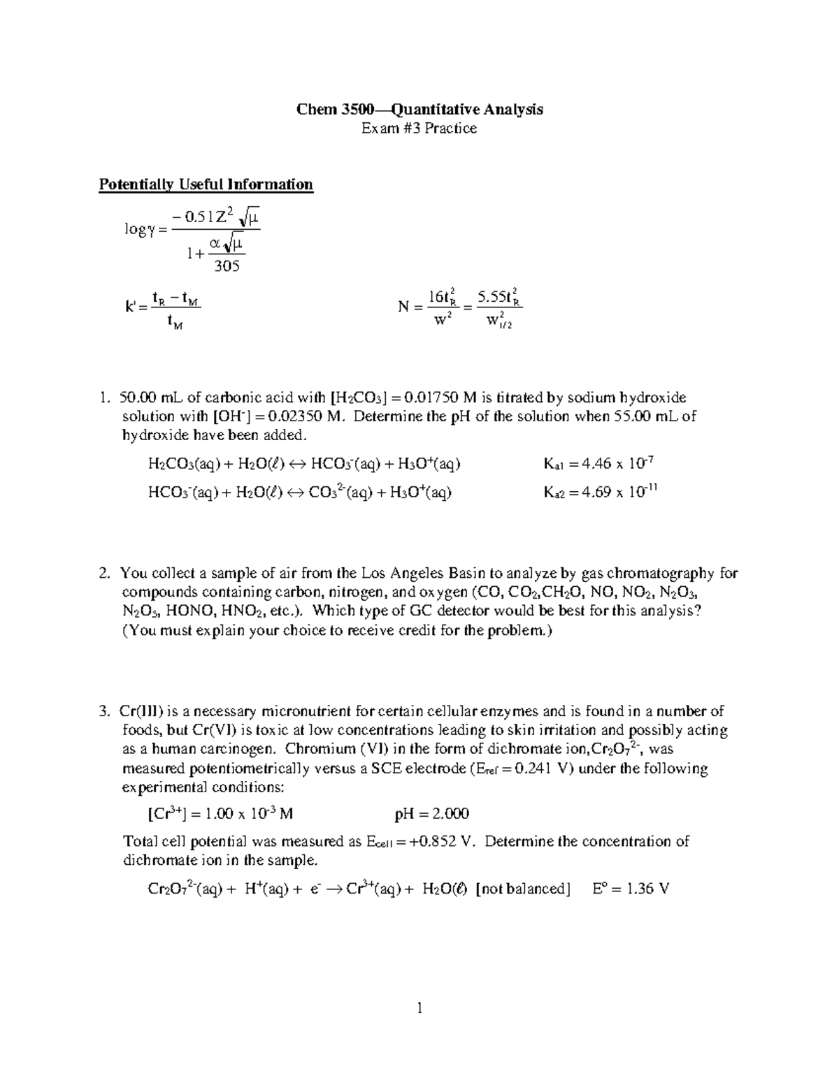 Exam+3-Practice - Practice exam - 1 Chem 3500—Quantitative Analysis ...