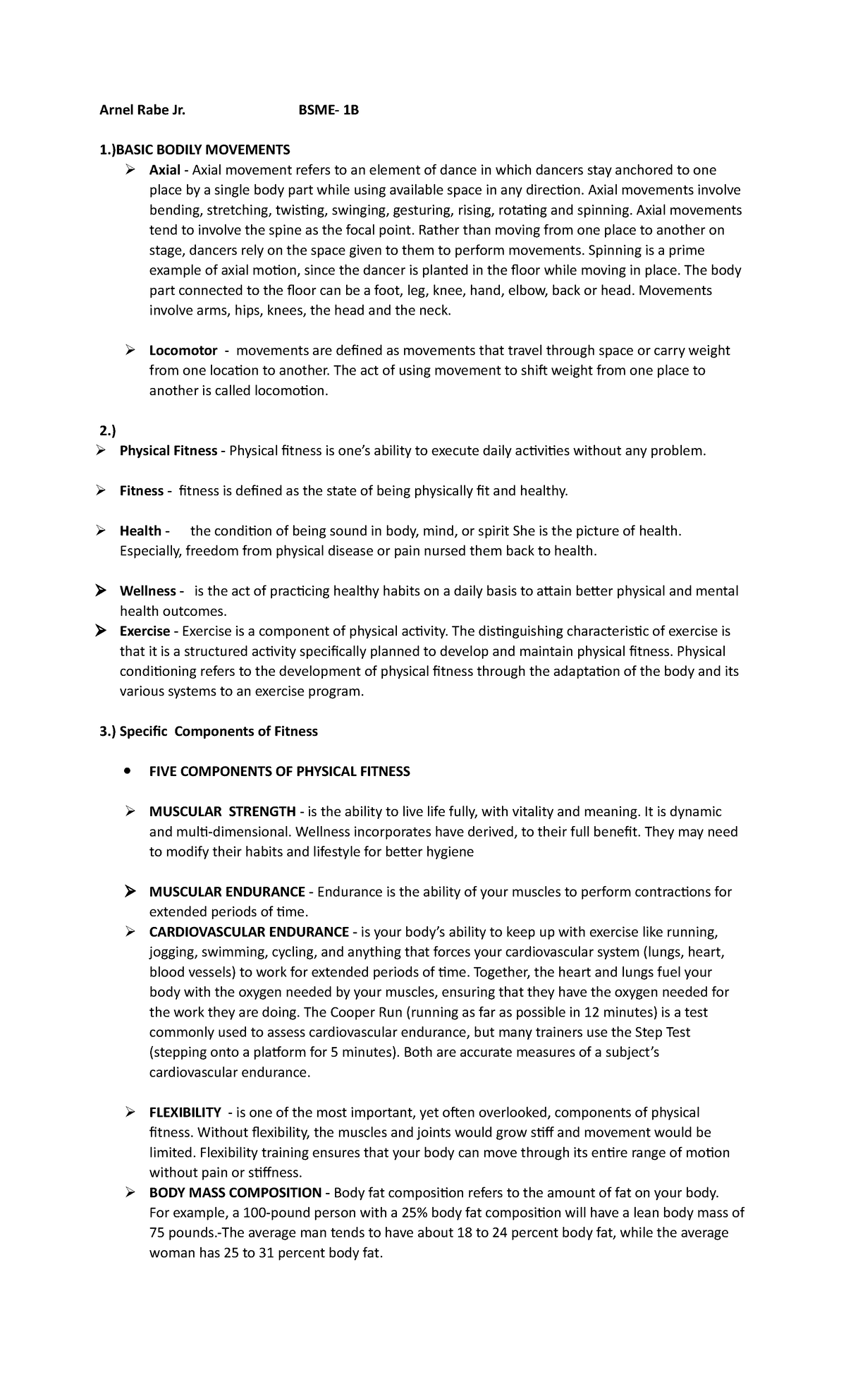 Arnel-Rabe-Jr - hifvjhb - Arnel Rabe Jr. BSME- 1B 1.)BASIC BODILY ...