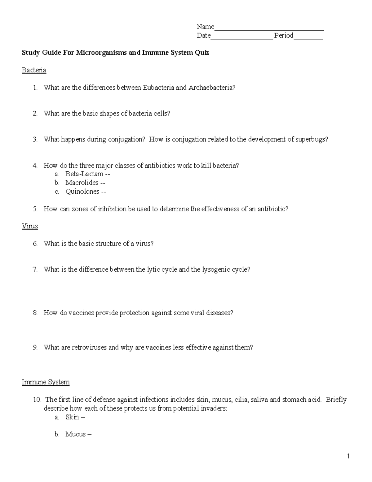 Study Guide For Microorganisms Quiz - Name ...
