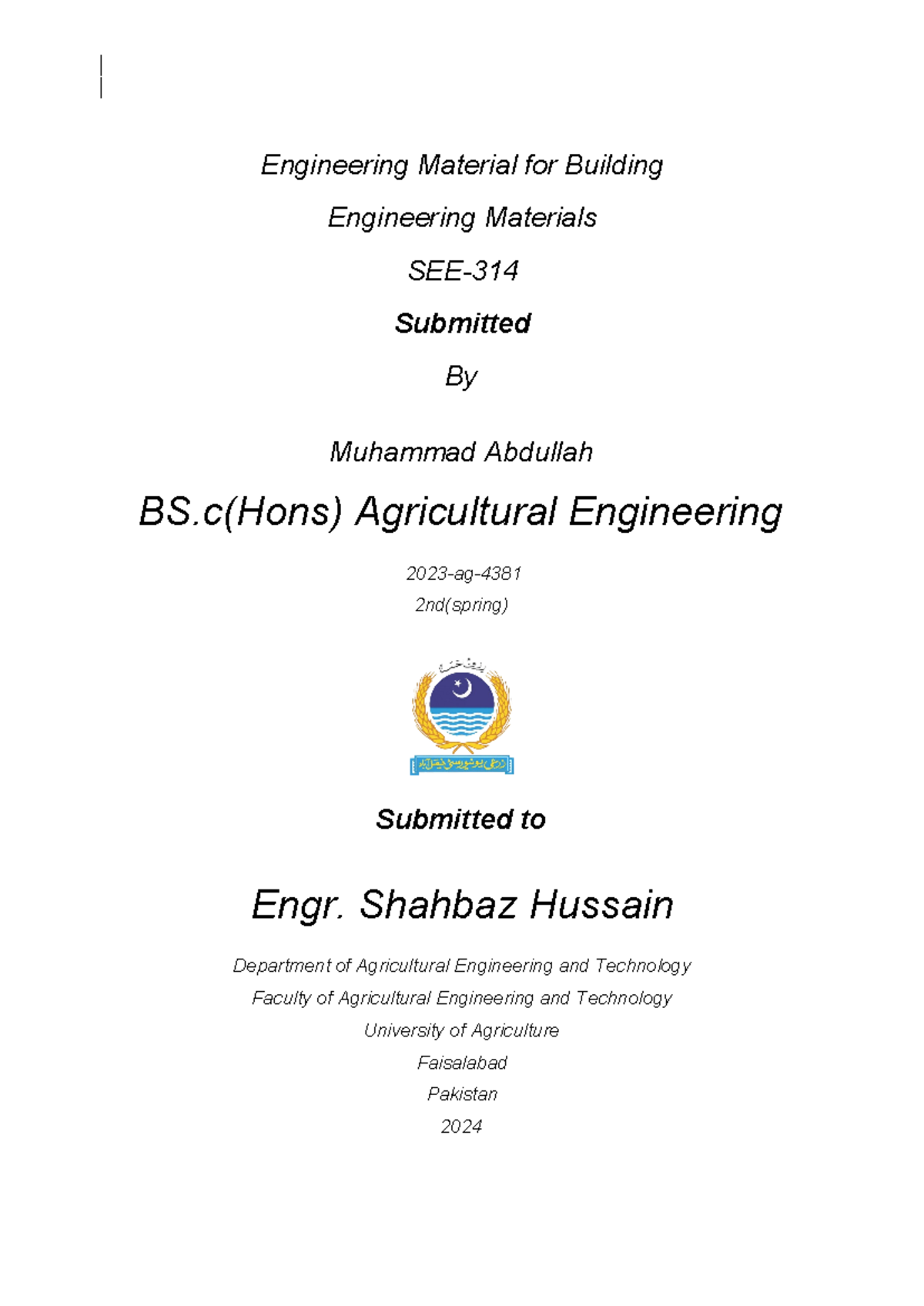 Assignment No.1 SEE-314 - Engineering Material for Building Engineering ...