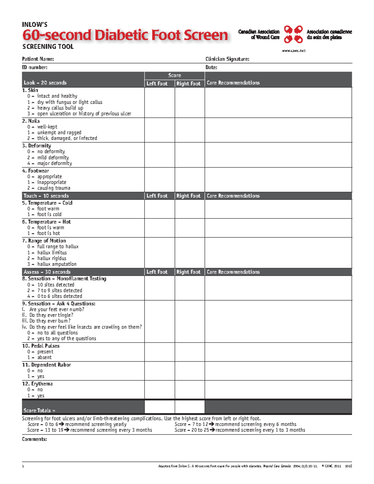 Guided Diabetic Foot Examination Inlowe Foot Screen Handout - 60-second ...